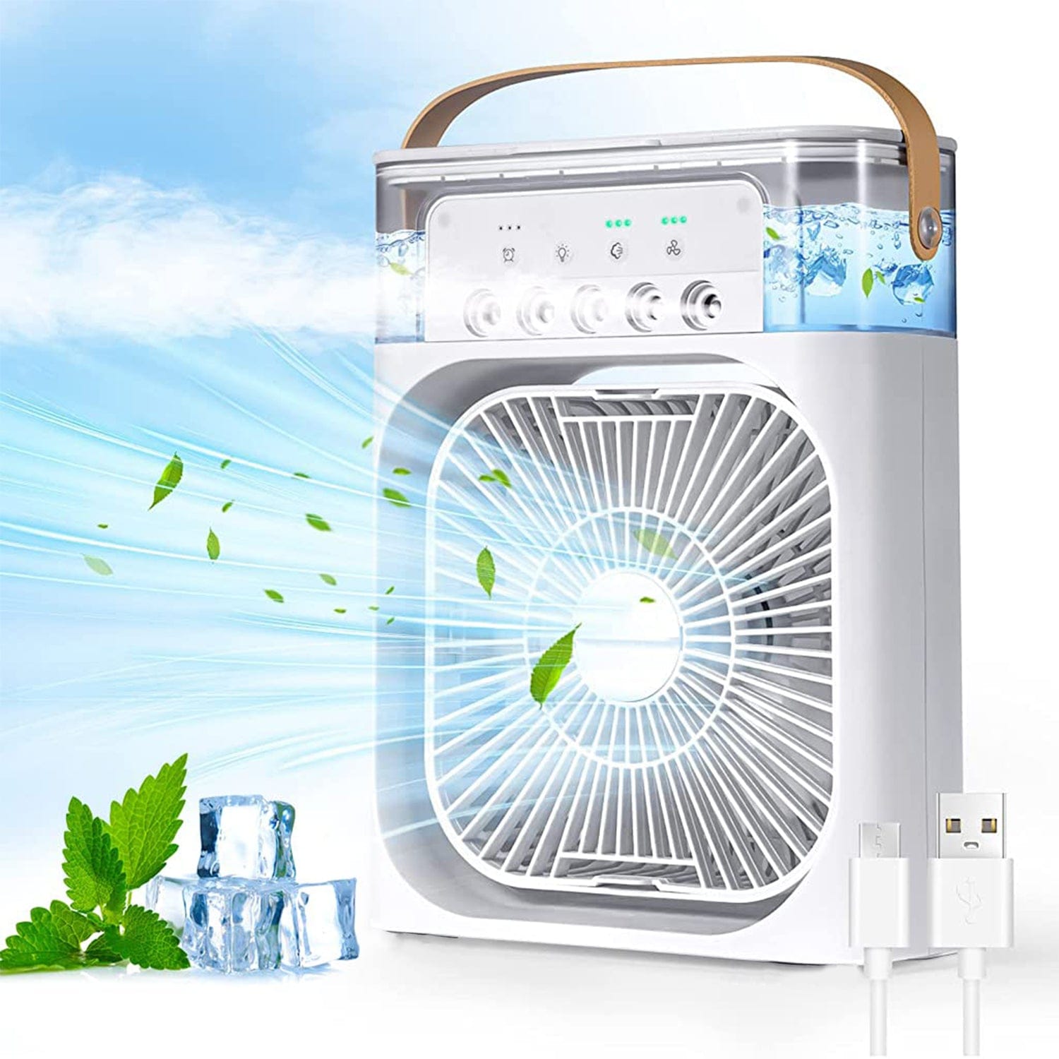 Portable Mini Air Cooler Fan with Water Mist & LED Light – USB Recharg ...