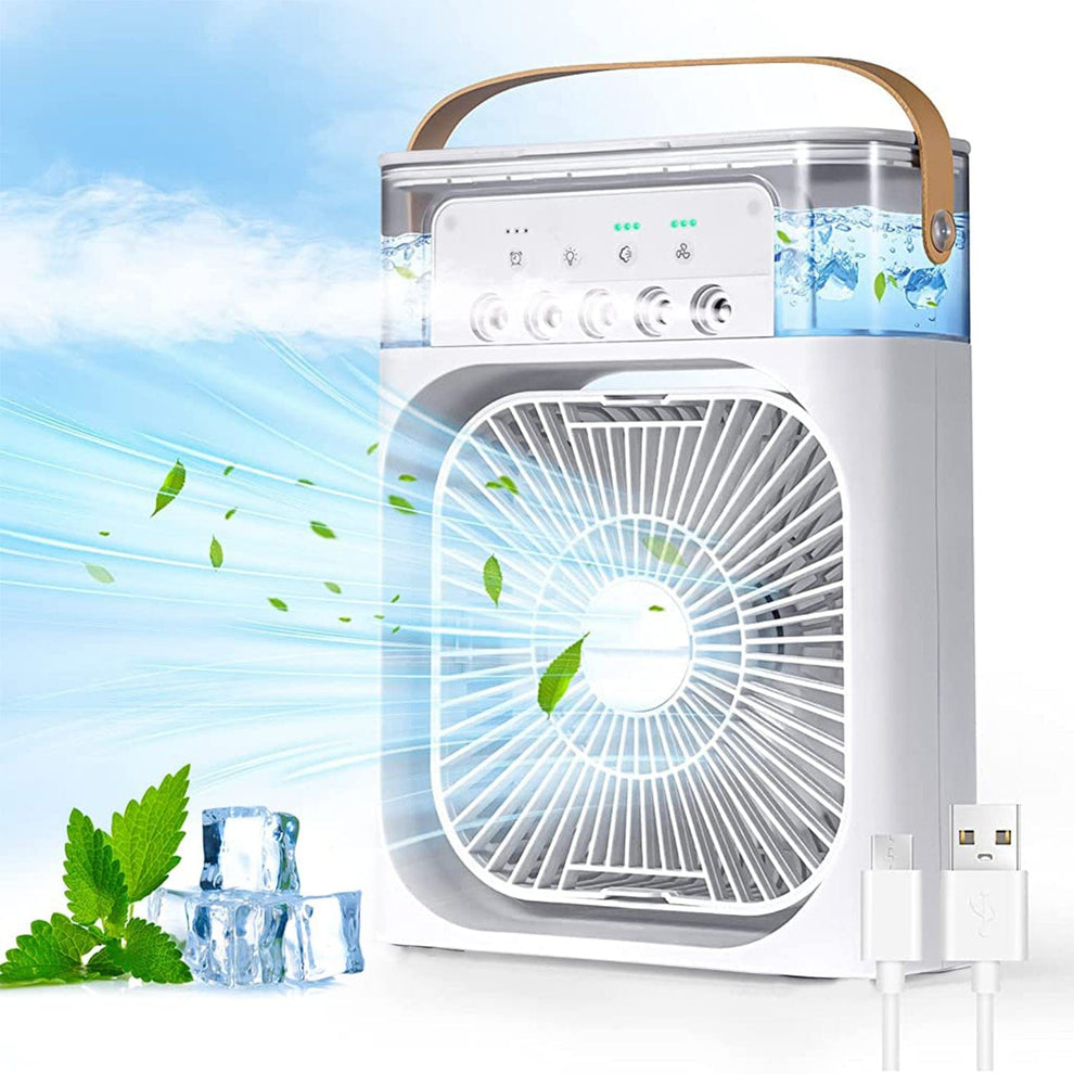 Portable Mini Air Cooler Fan with Water Mist & LED Light – USB Recharg ...